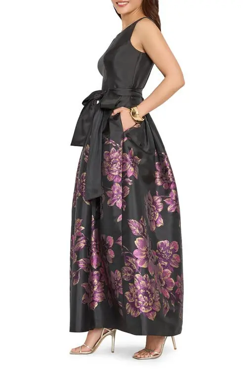 TAHARI ASL Placed Metallic Floral Sleeveless Gown