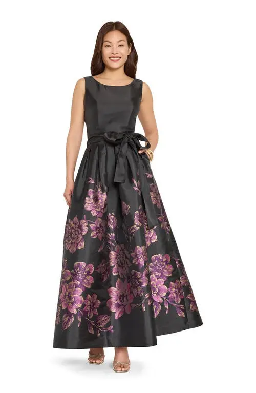 TAHARI ASL Placed Metallic Floral Sleeveless Gown