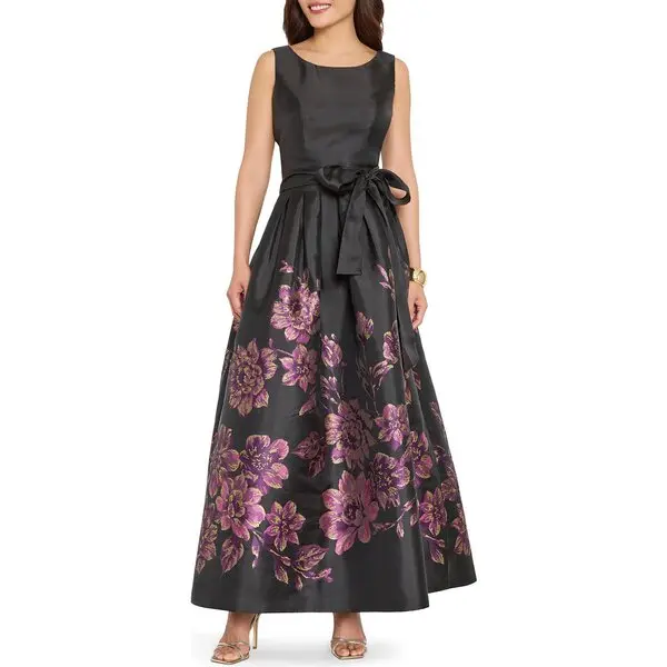 TAHARI ASL Metallic Floral Sleeveless Gown - Black Cranberry