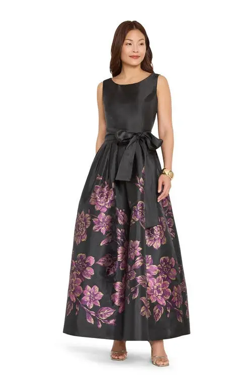 TAHARI ASL Metallic Floral Sleeveless Gown