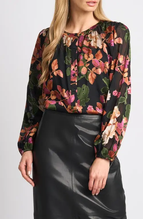 Ted Baker London Adina Floral Print Long Sleeve Top - Rich Black