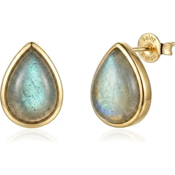 ST. MORAN 14k Gold Plated Pear Labradorite Stud Earrings - Green/gold