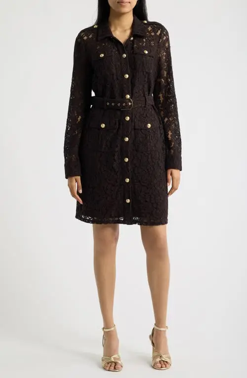 TAHARI ASL Lace Long Sleeve Shirtdress - Espresso