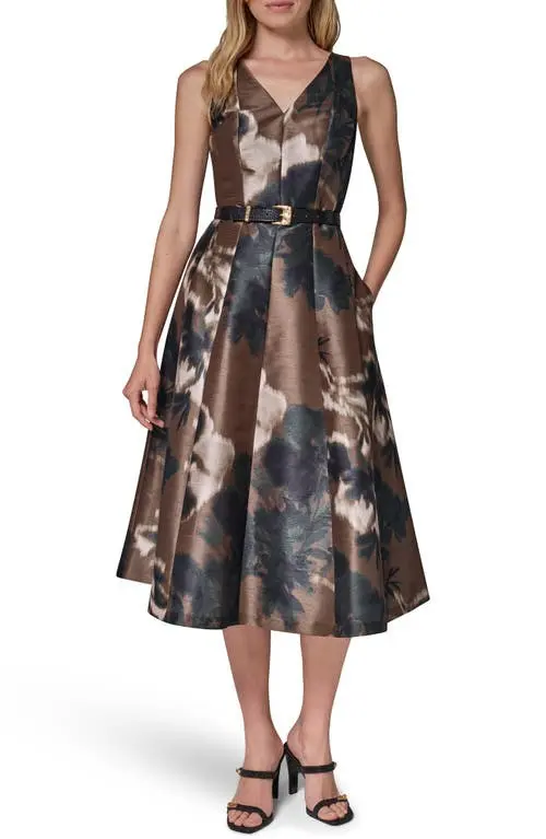 Donna Karan New York Printed V-neck Belted Midi Dress