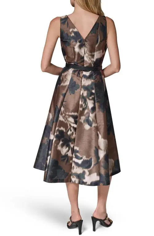 Donna Karan New York Printed V-neck Belted Midi Dress
