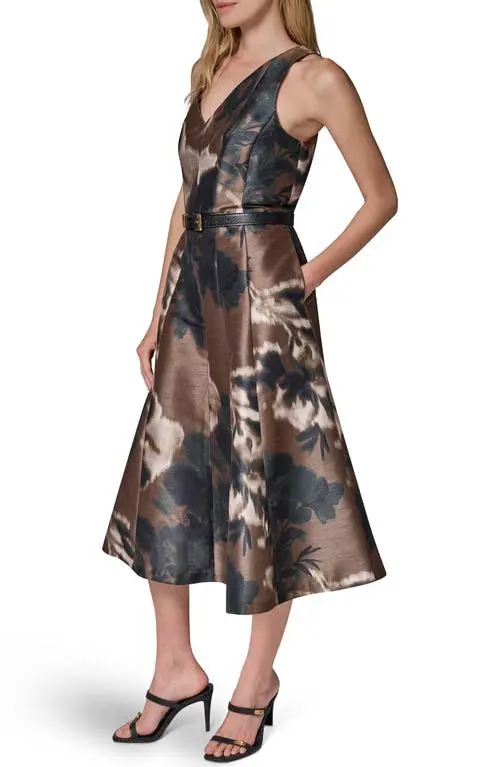 Donna Karan New York Printed V-neck Belted Midi Dress