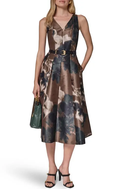 Donna Karan New York Printed V-neck Belted Midi Dress