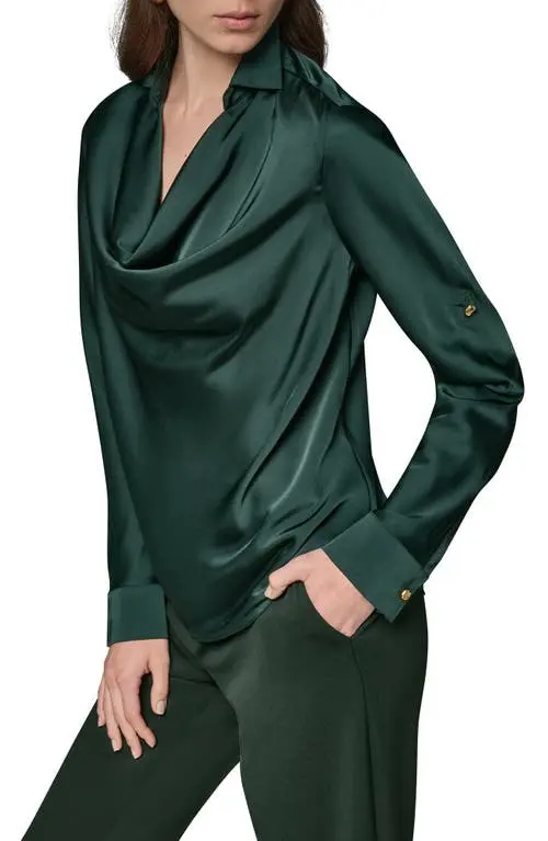 Donna Karan New York Cowl Neck Top With Roll Sleeves - Black Forest
