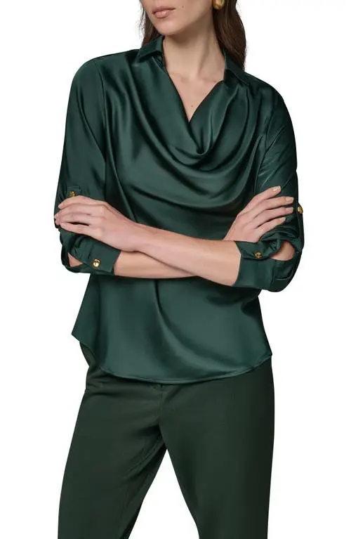 Donna Karan New York Cowl Neck Top With Roll Sleeves - Black Forest