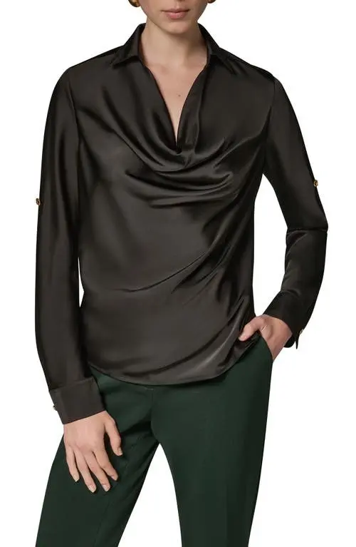 Donna Karan New York Cowl Neck Top With Roll Sleeves - Black