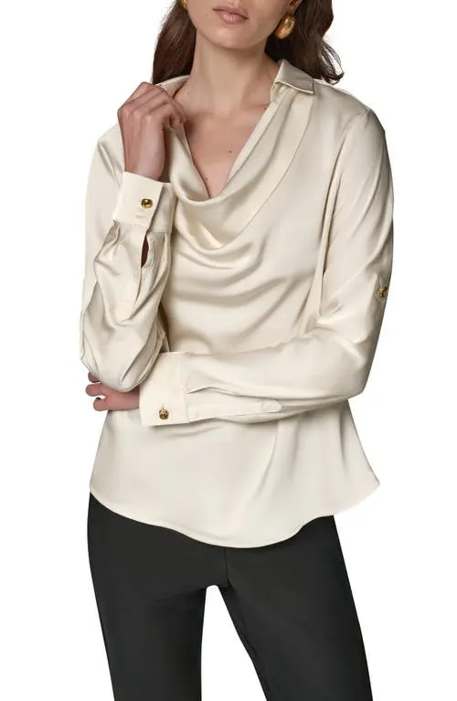 Donna Karan New York Cowl Neck Top With Roll Sleeves - Ivory