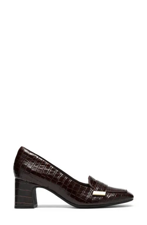 Clarks Fernie Edge Croc Embossed Leather Block Heel Pumps - Dark Brown Croc