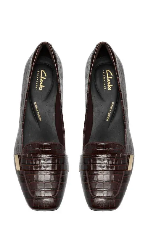 Clarks Fernie Edge Croc Embossed Leather Block Heel Pumps - Dark Brown Croc