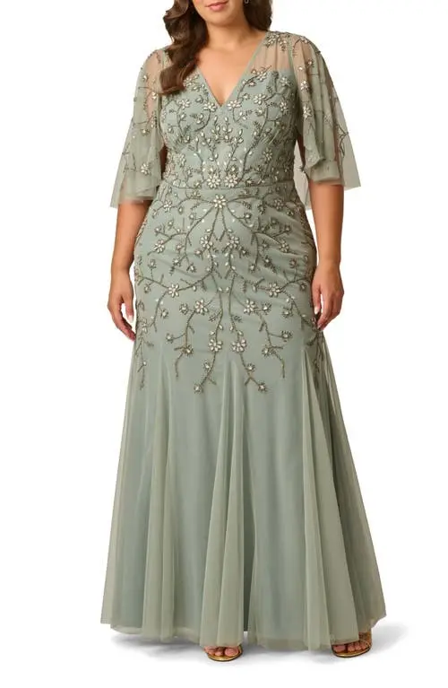 Adrianna Papell Beaded Mesh Cape Sleeve Gown - Sage
