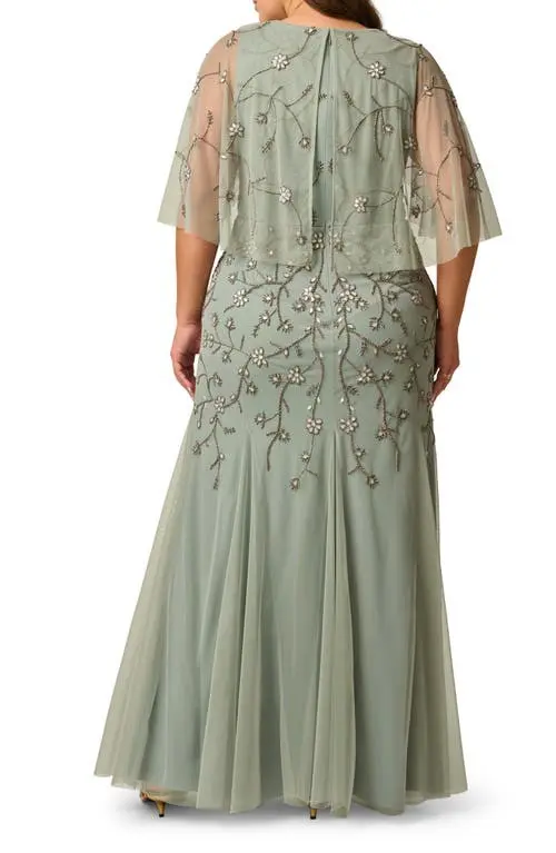 Adrianna Papell Beaded Mesh Cape Sleeve Gown