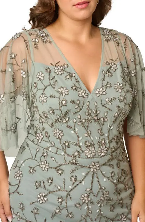 Adrianna Papell Beaded Mesh Cape Sleeve Gown