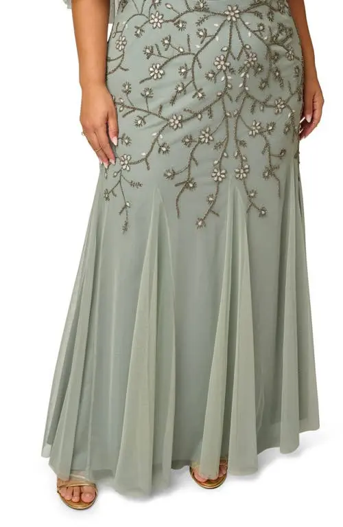 Adrianna Papell Beaded Mesh Cape Sleeve Gown