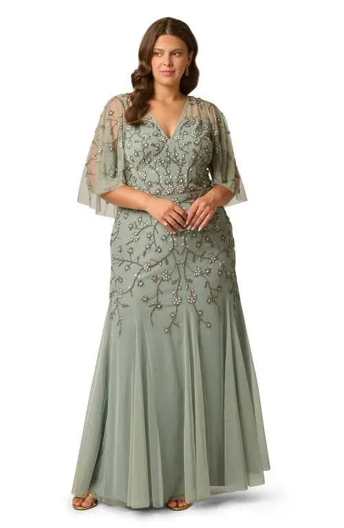Adrianna Papell Beaded Mesh Cape Sleeve Gown