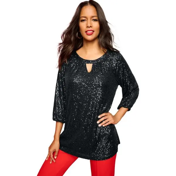 Roaman's Flared Sleeve Keyhole Lace Tunic - Black
