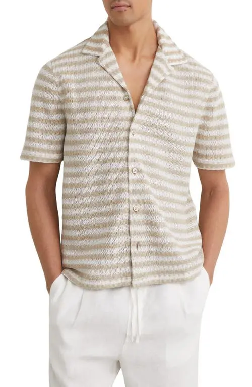 REISS Island Striped Knit Button-up Shirt - White/oatmeal