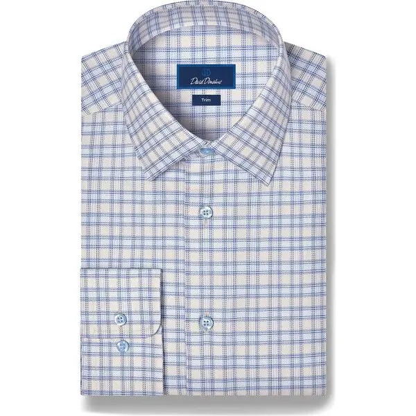 David Donahue Trim Fit Plaid Cotton Dress Shirt - Sand/blue
