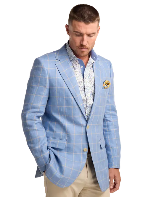 PAUL FREDRICK Linen Blend Windowpane Single Breasted Notch Lapel Sport Coat