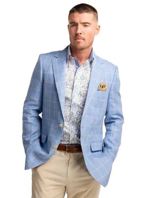 PAUL FREDRICK Linen Blend Windowpane Single Breasted Notch Lapel Sport Coat