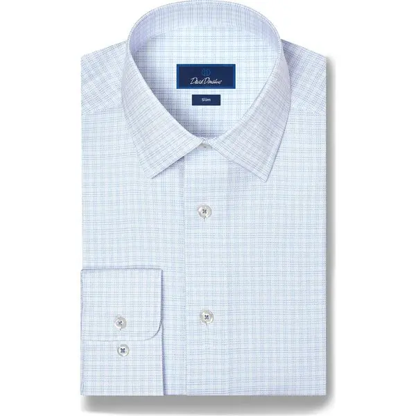 David Donahue Slim Fit Stretch Cotton Grid Dress Shirt - White/sky