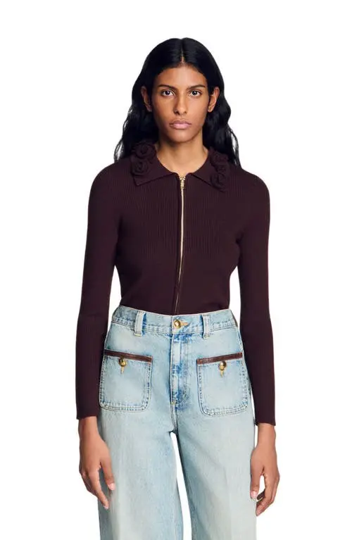 Sandro Cardigan With Floral Collar - Brown