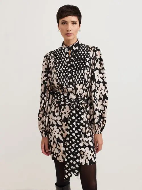 PHASE EIGHT Dolly Mandarin Collar Mini Shirt Dress - Black/ivory
