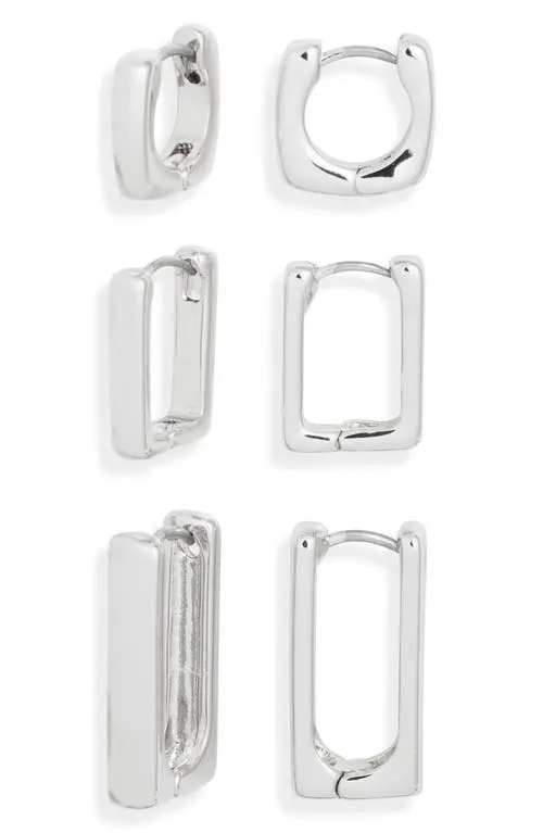 OPEN EDIT Set Of 3 Square Huggie Hoop Earrings - Silver