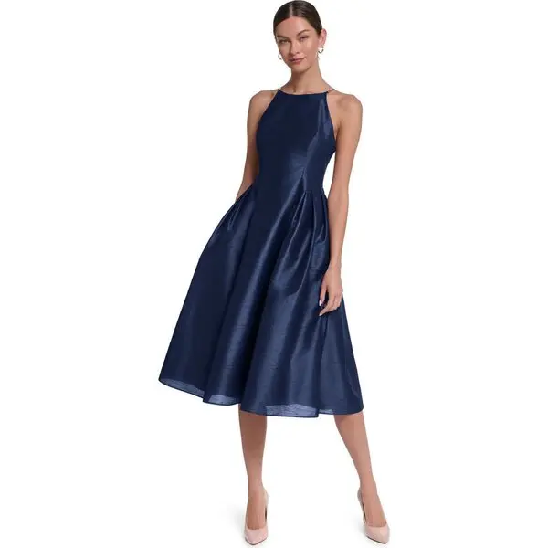 Halston Spaghetti Strap Fit & Flare Midi Dress - Navy