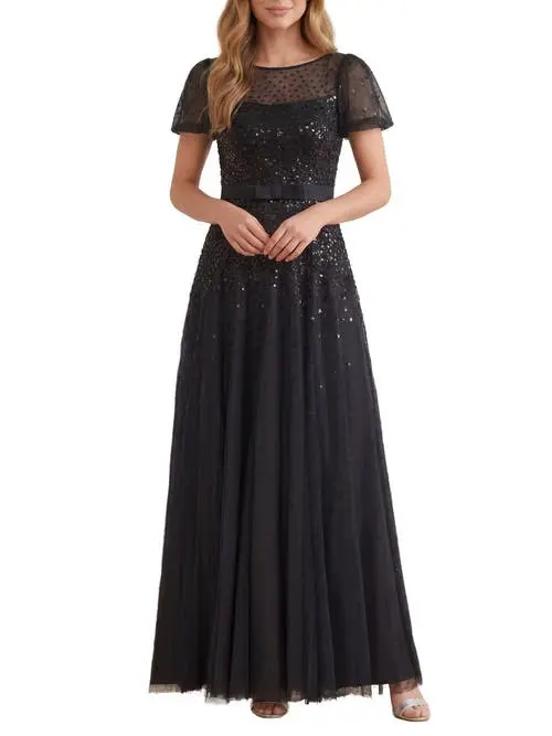 NEEDLE & THREAD Sequin Cascade Bow Short Sleeve Gown - Graphite