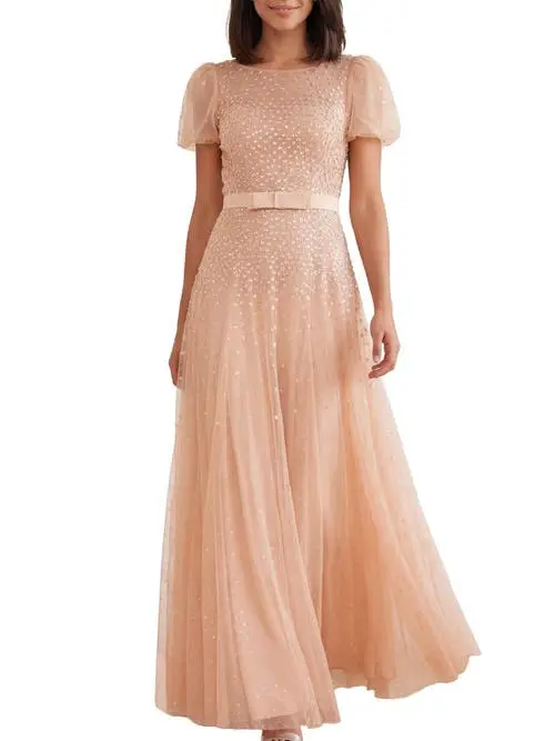 NEEDLE & THREAD Sequin Cascade Bow Short Sleeve Gown - Wheat/cream