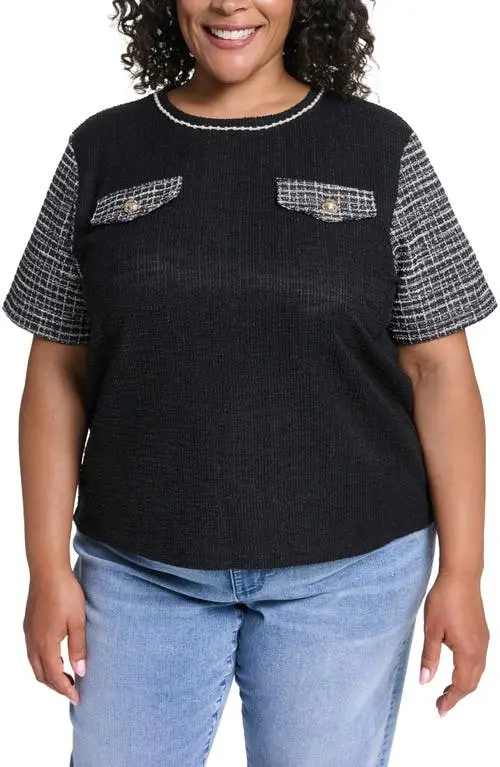 Karl Lagerfeld Paris Faux Pearl Trim Tweed Detail Top - Black