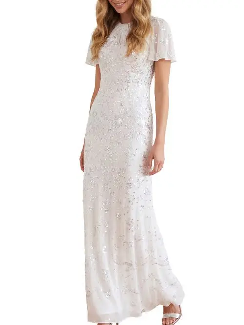 NEEDLE & THREAD Freya Georgette Short Sleeve Maxi Gown - Chalk