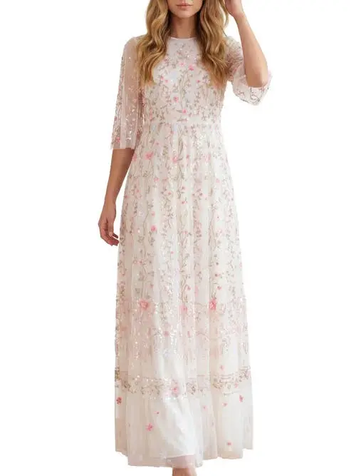 NEEDLE & THREAD Rococo 3/4 Sleeve Embroidered Gown - Chalk