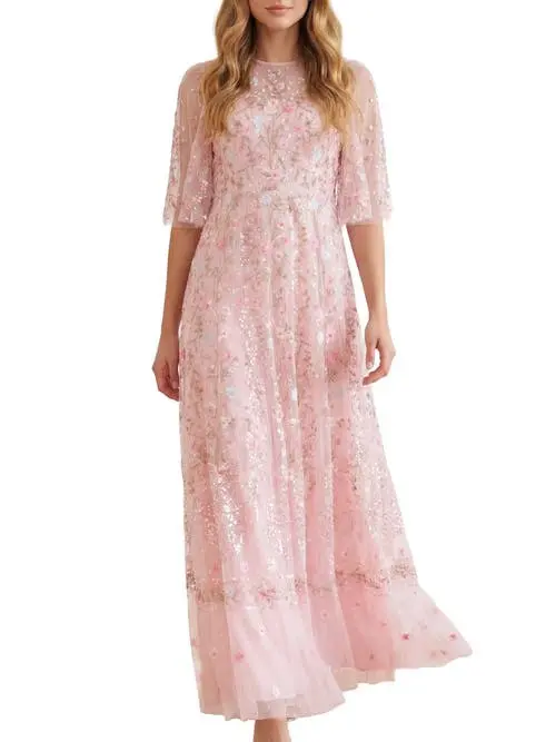 NEEDLE & THREAD Rococo 3/4 Sleeve Embroidered Gown - Dusk Pink