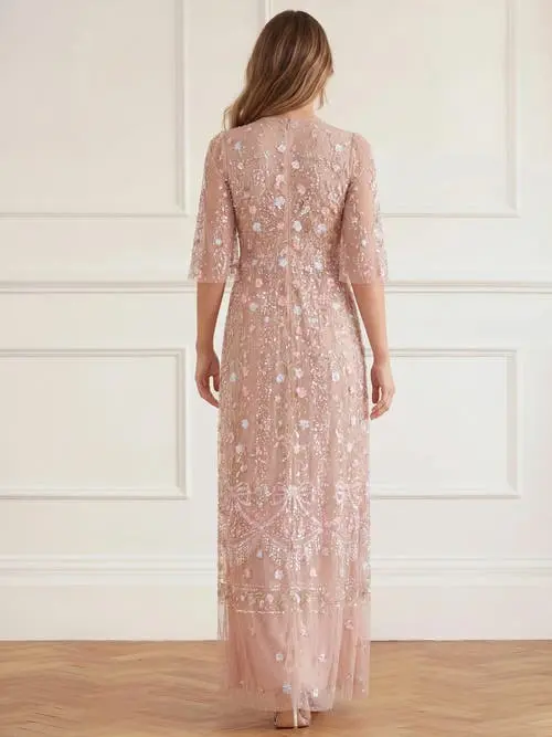 NEEDLE & THREAD Rococo 3/4 Sleeve Embroidered Gown - Wheat