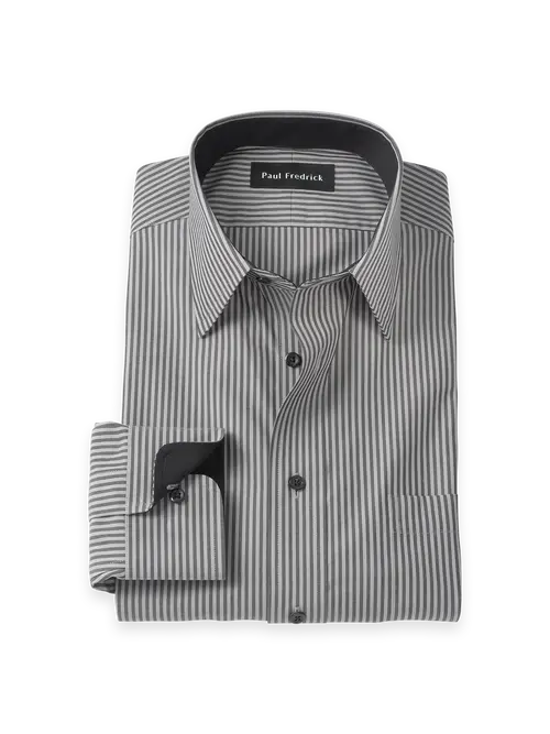 PAUL FREDRICK Cotton Point Collar Poplin Tailored Contrast Trim Button Cuff Long Sleeve Shirt - Black
