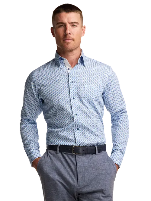 PAUL FREDRICK Cotton Point Collar Poplin Tailored Contrast Trim Button Cuff Long Sleeve - Blue