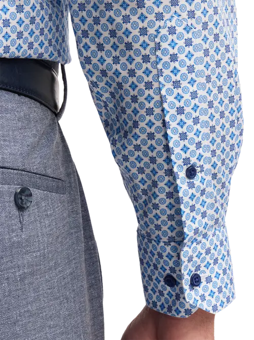PAUL FREDRICK Cotton Point Collar Poplin Tailored Contrast Trim Button Cuff Long Sleeve - Blue