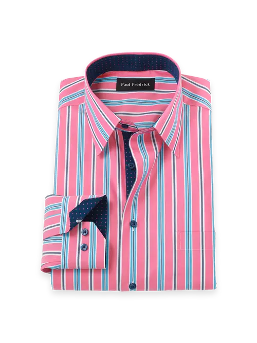 PAUL FREDRICK Cotton Point Collar Poplin Tailored Contrast Trim Button Cuff Long Sleeve - Pink/blue