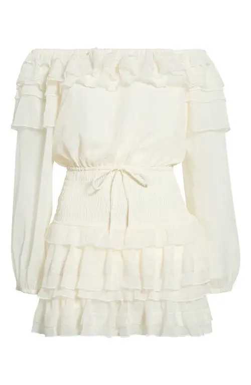 KITTENISH Ruffle Off The Shoulder Long Sleeve Smocked Waist Minidress - Egret