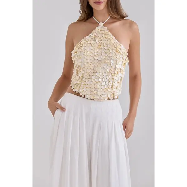 House Of Cb Zina Shell Embellished Halter Top - Ivory