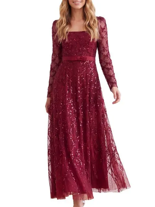 NEEDLE & THREAD Bow Lattice Long Sleeve Sequin Gown - Garnet