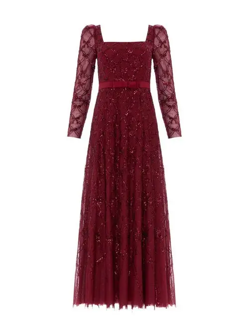 NEEDLE & THREAD Bow Lattice Long Sleeve Sequin Gown