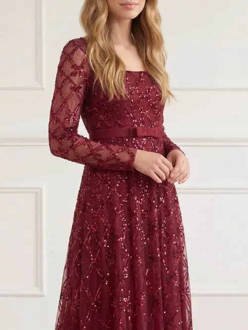 NEEDLE & THREAD Bow Lattice Long Sleeve Sequin Gown