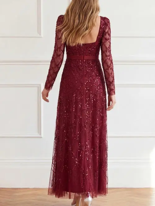 NEEDLE & THREAD Bow Lattice Long Sleeve Sequin Gown