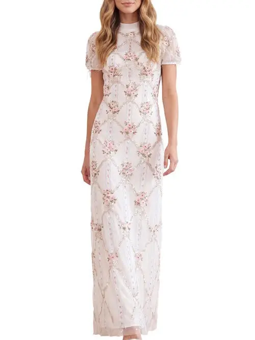 NEEDLE & THREAD High Neck Embroidered Maxi Gown - Chalk